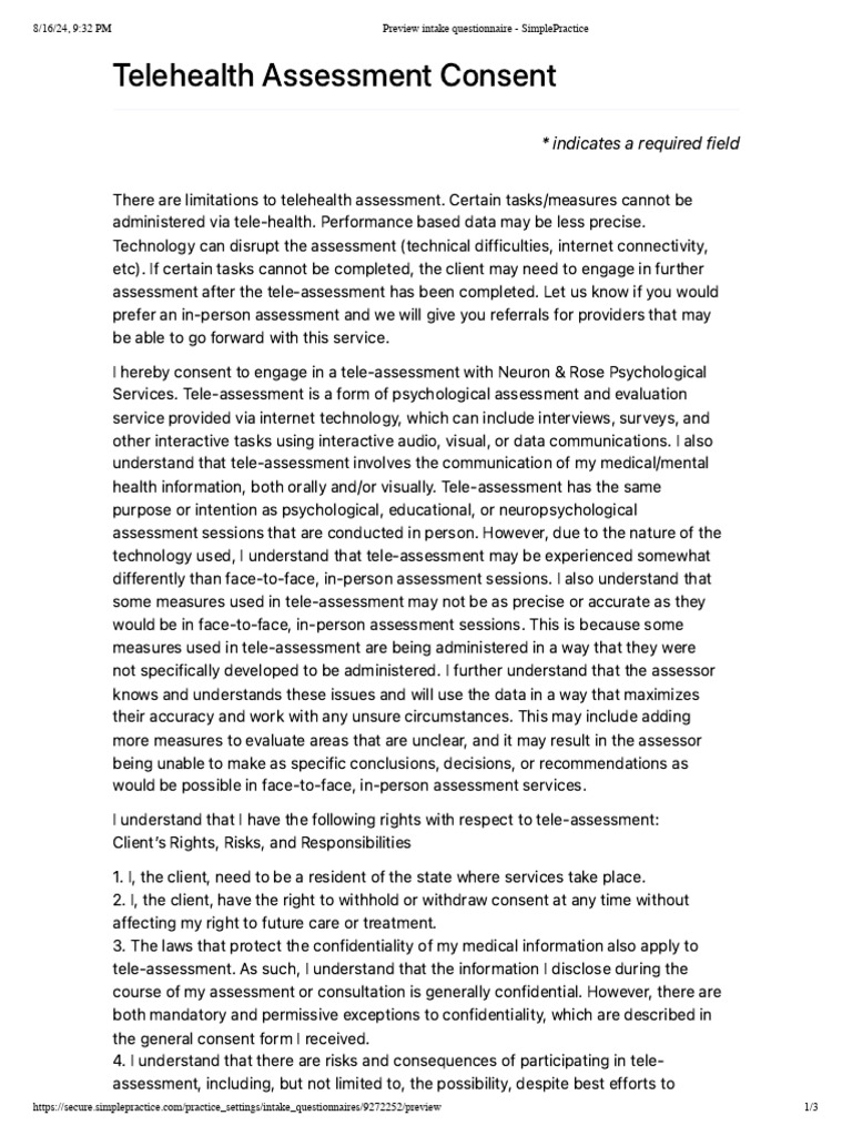 Telehealth Consent Form - SimplePractice | PDF | Risk | Informed Consent