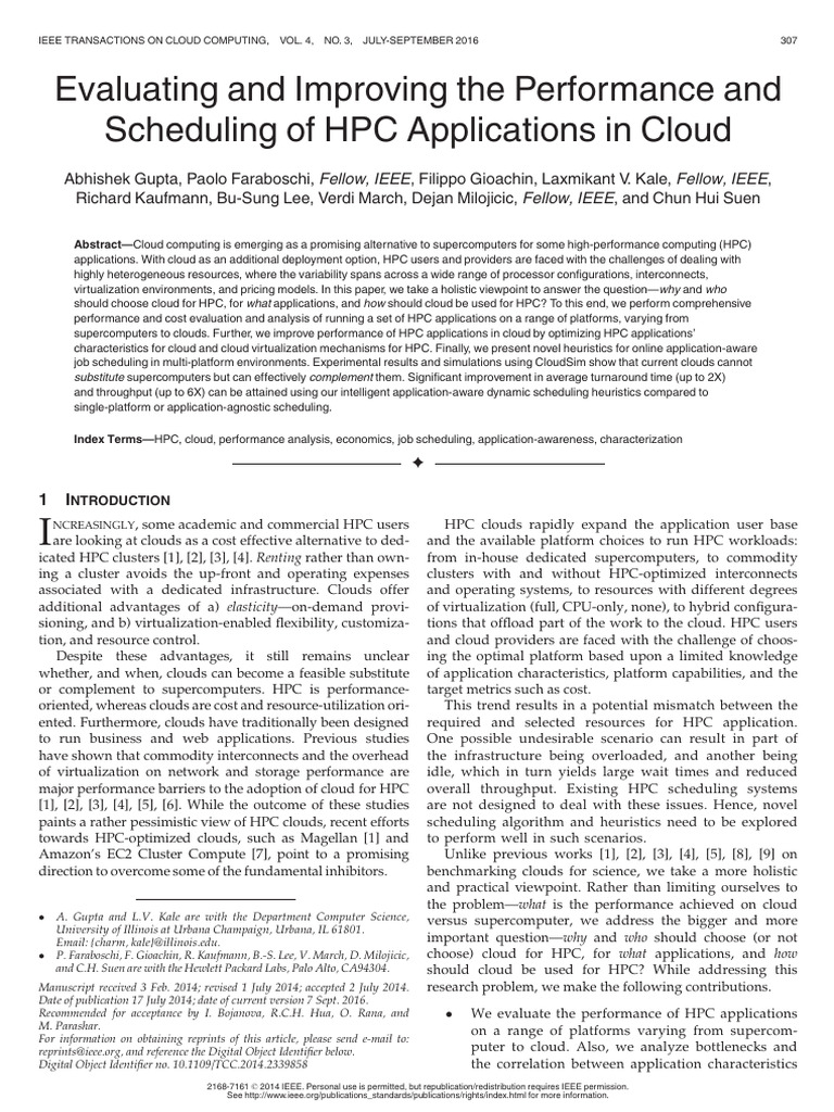Evaluating and Improving The Performance and Scheduling of HPC Applications in Cloud | PDF ...