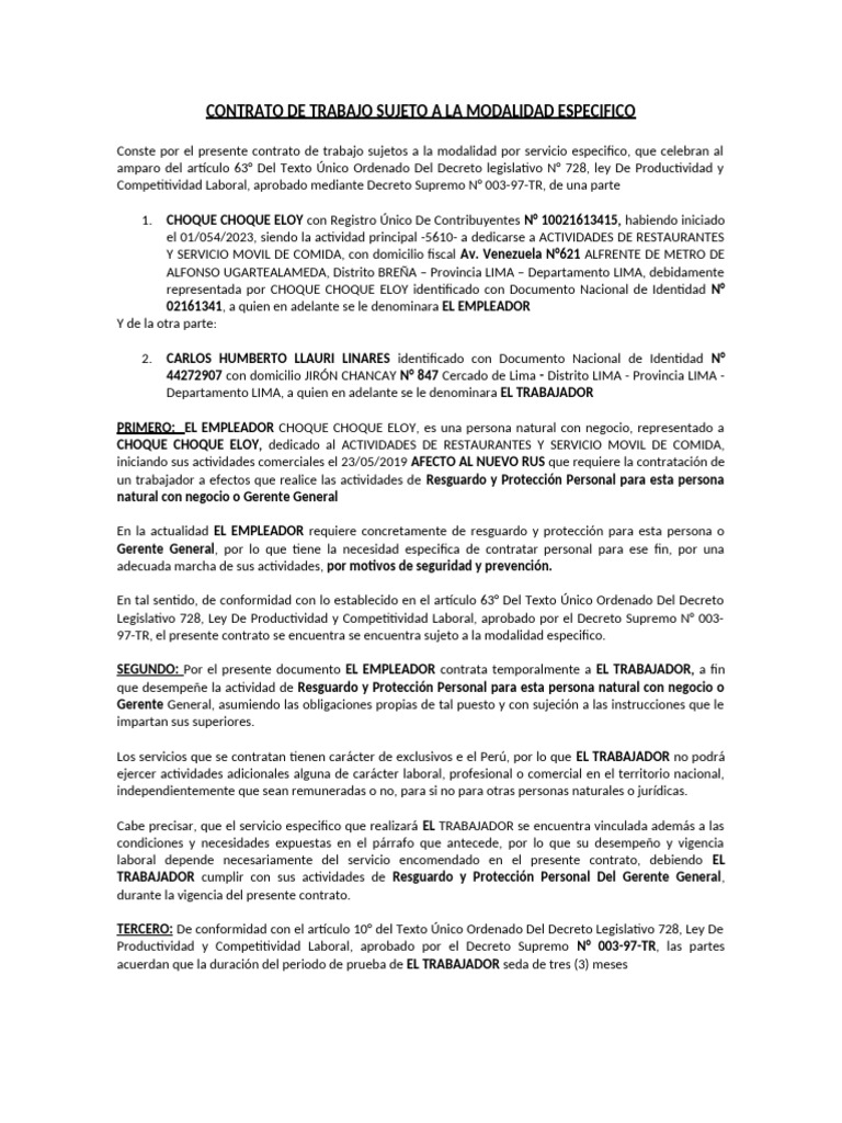 Contrato Sispe 2024 | PDF | Derecho laboral | Documento de identidad