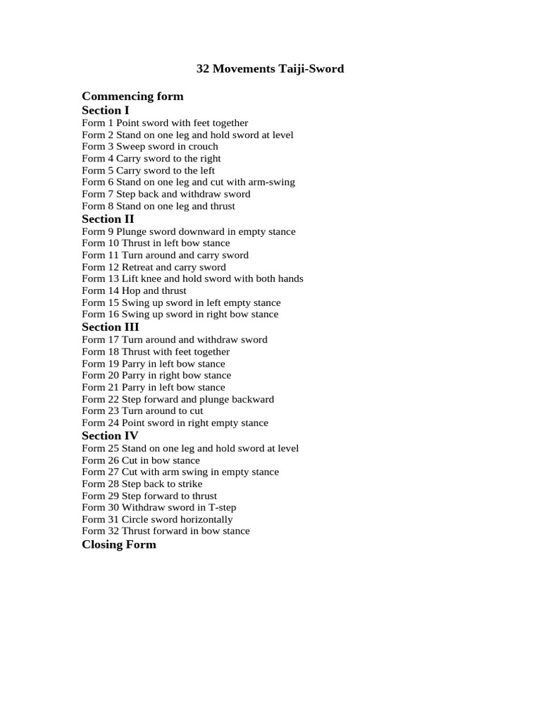 32 Movements of Taiji Sword Form | PDF