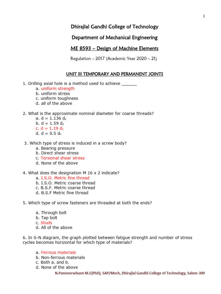 DME - unit 3 MCQ | PDF | Screw | Strength Of Materials