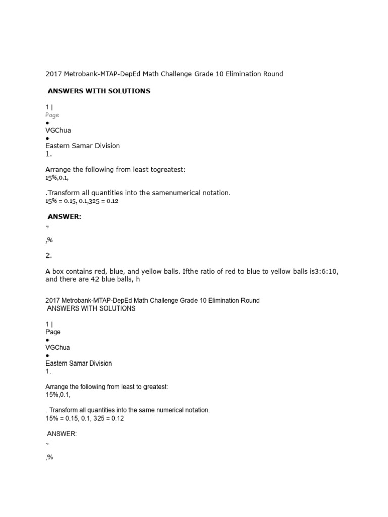 2017 Metrobank-MTAP-DepEd Math Challenge Grade 10 Elimination Round | PDF | Ratio | Mathematics