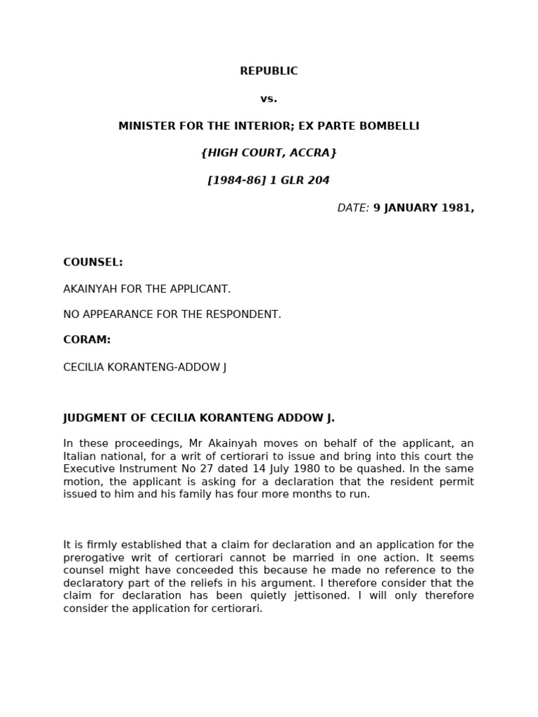 REPUBLICvs. MINISTER FOR THE INTERIOR EX PARTE BOMBELLI-1 | PDF ...