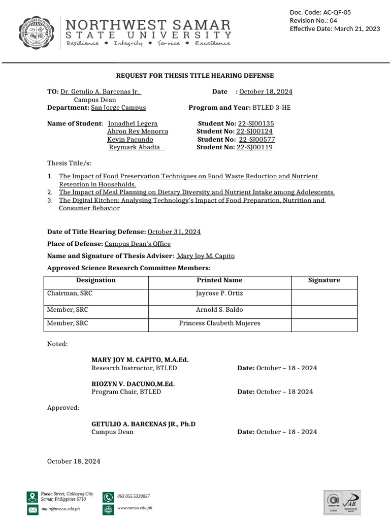 Thesis Title Hearing Request | PDF | Determinants Of Health | Nutrition