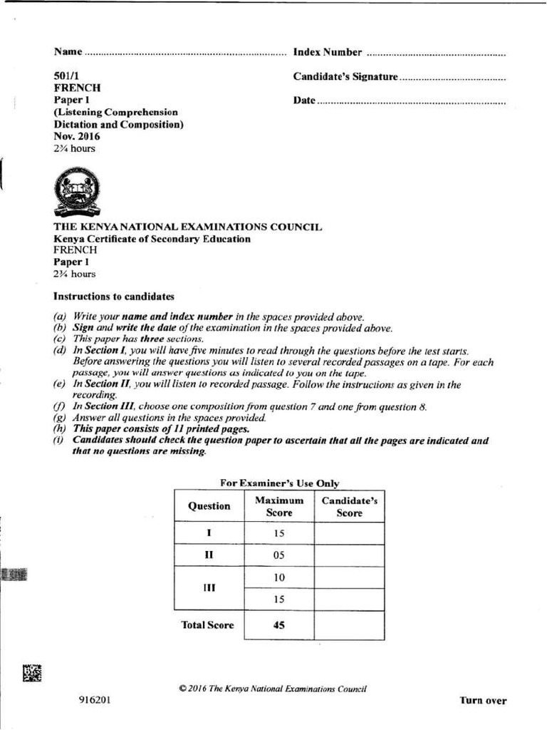 2016 KCSE FRENCH PP1 (ecolebooks.com) | PDF