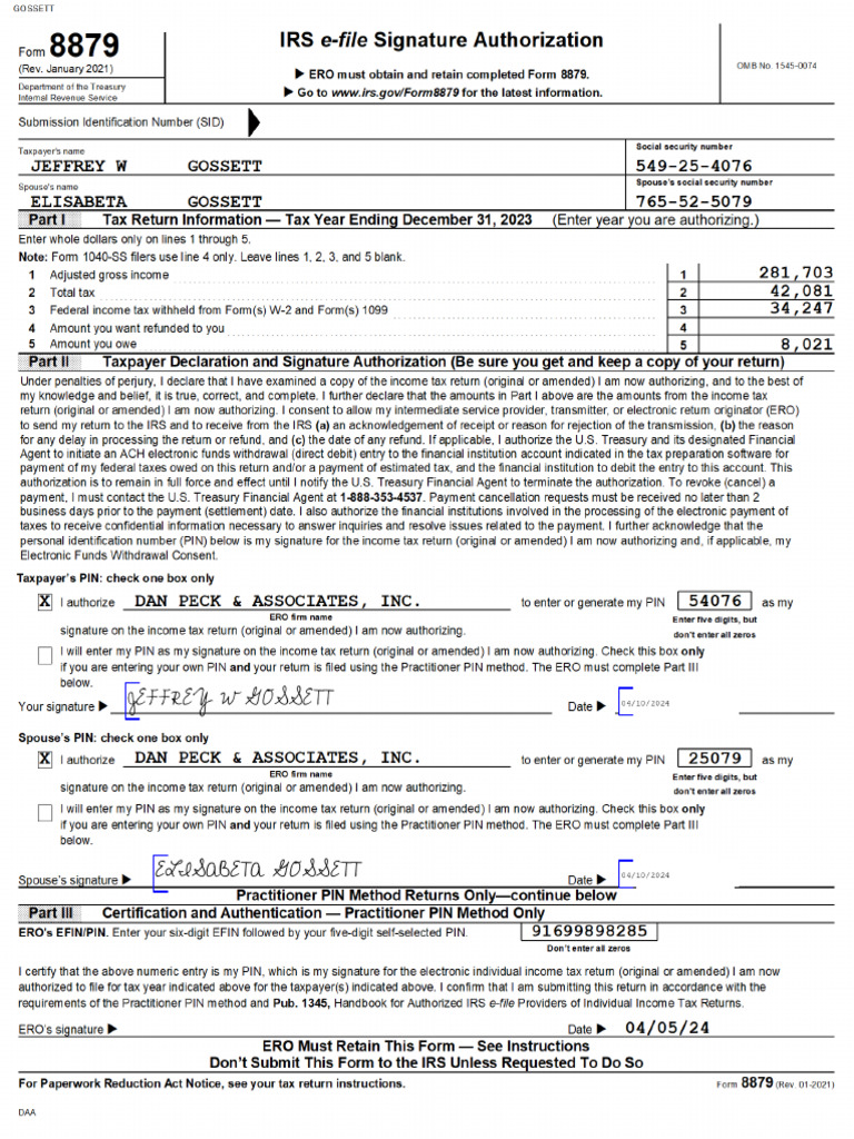 IRS Form 8879 E-File Authorization | PDF