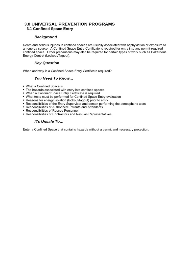 Section C 1 Confined Space Entry (Draft) | PDF | Hazards | Labor Relations