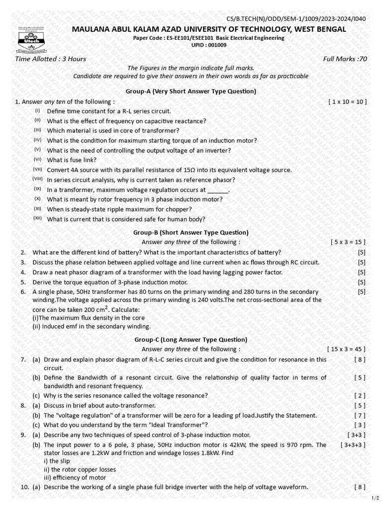 Btech 1 Sem Basic Electrical Engineering Es Ee 101 2023 24 | PDF | Transformer | Electric Motor