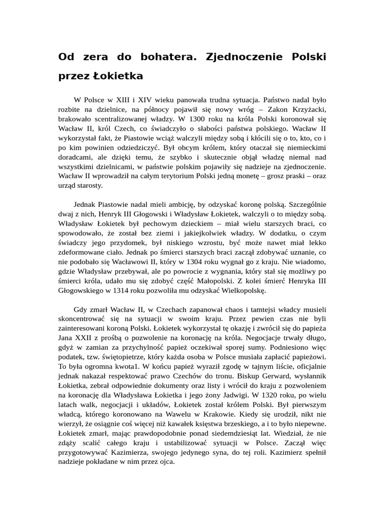 Od Zera Do Bohatera. Zjednoczenie Polski Przez Łokietka | PDF
