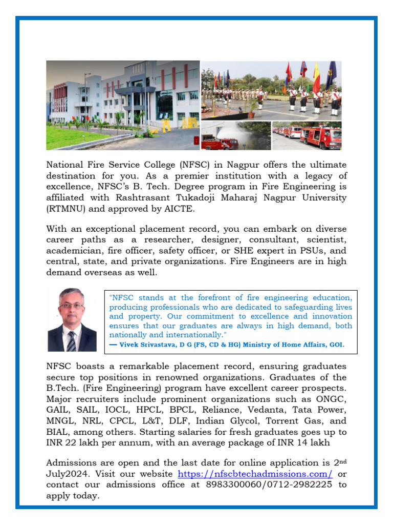 Join B. Tech Fire Engineering at NFSC | PDF