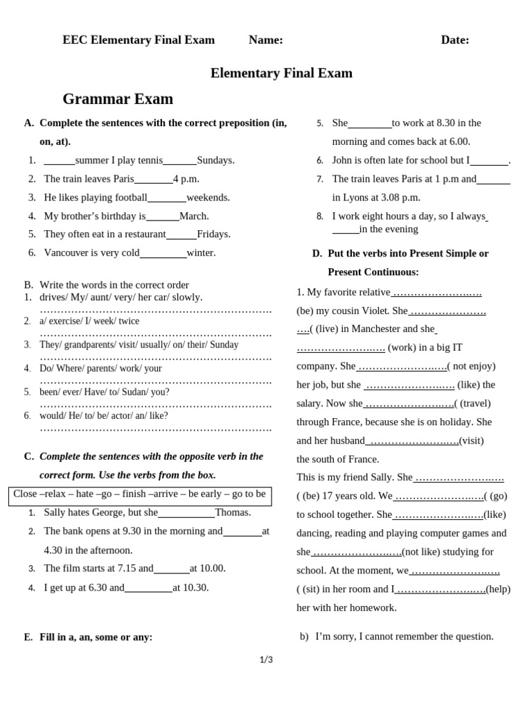 Elementary Final Exam | PDF | Languages | Foreign Language Studies
