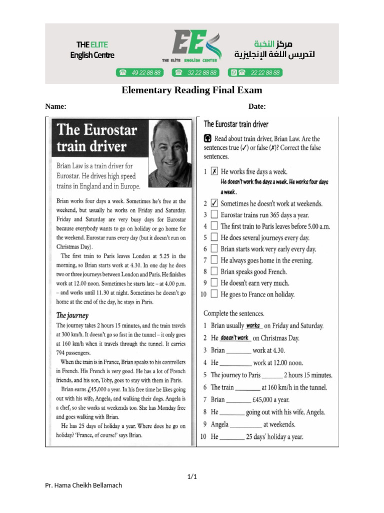 Elementary Reading Final Exam | PDF