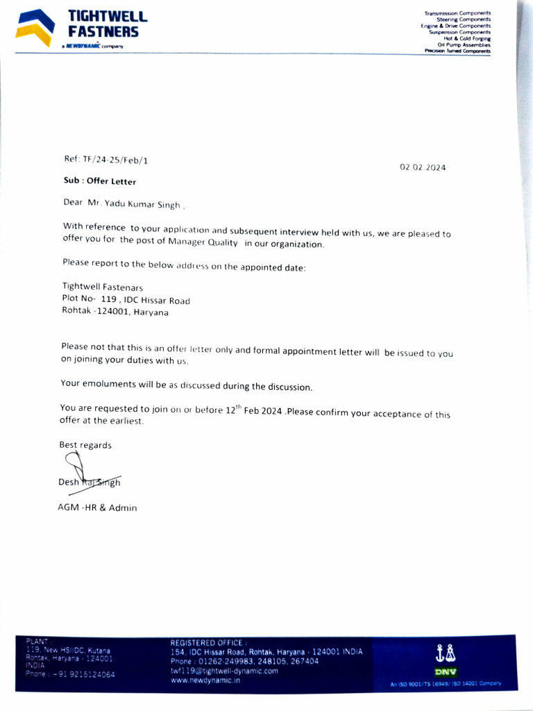 Offer Letter Yadu Kumar Singh | PDF