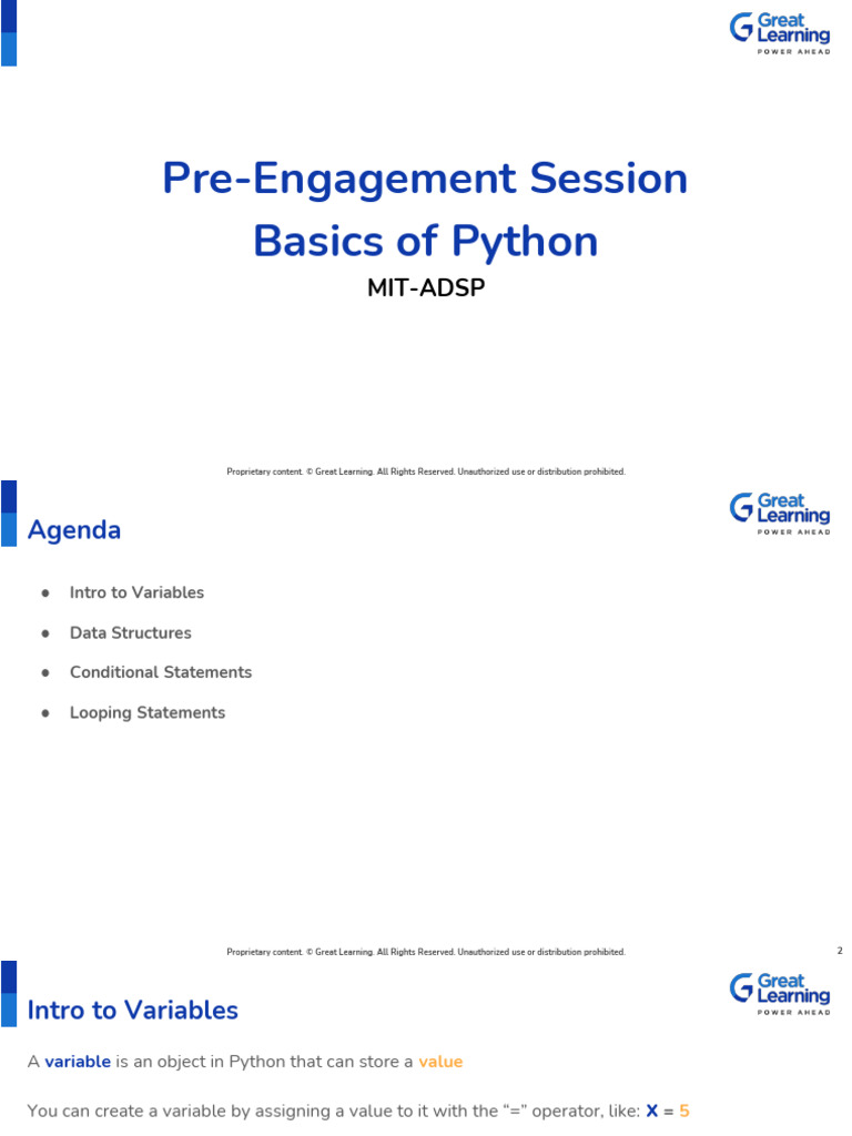 Pre-Engagement+Session+Slides+-+Python | PDF | Boolean Data Type | Variable (Computer Science)