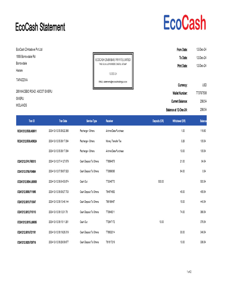 Ecocash Statement 20241212103554USD | PDF | Payments | International ...