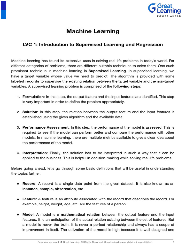 ML LVC 1 Post-Session Summary | PDF | Errors And Residuals | Regression Analysis