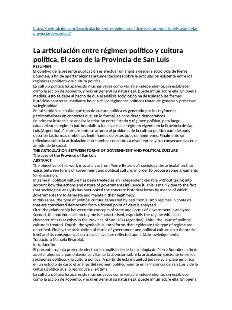 Trocello-La Articulación Entre Régimen Político y Cultura Política. El ...