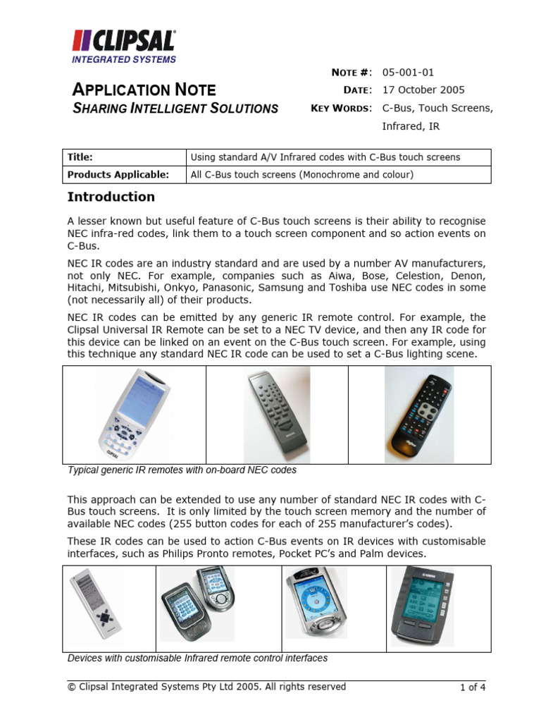 AN 05-001-1 Using Standard AV Infrared Codes With C-Bus Touch Screens | PDF | Remote Control ...