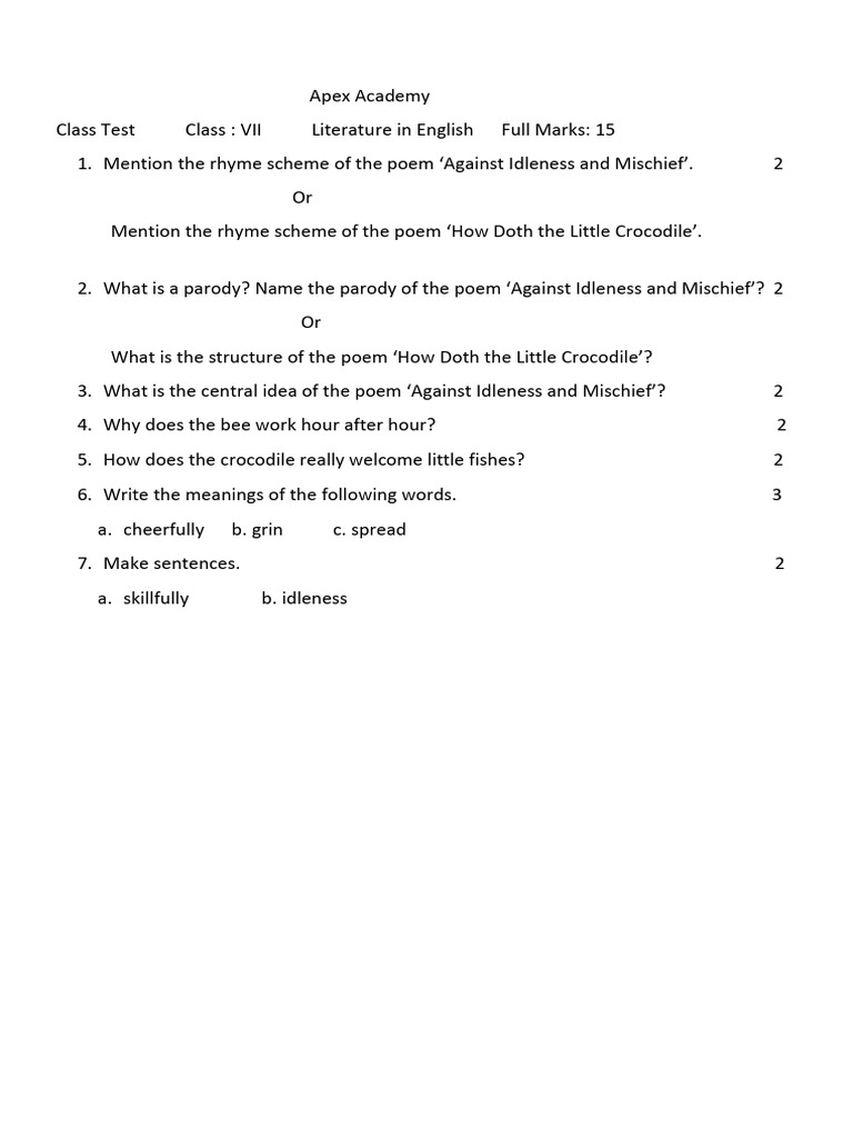 Class 7 Test on "Against Idleness" | PDF