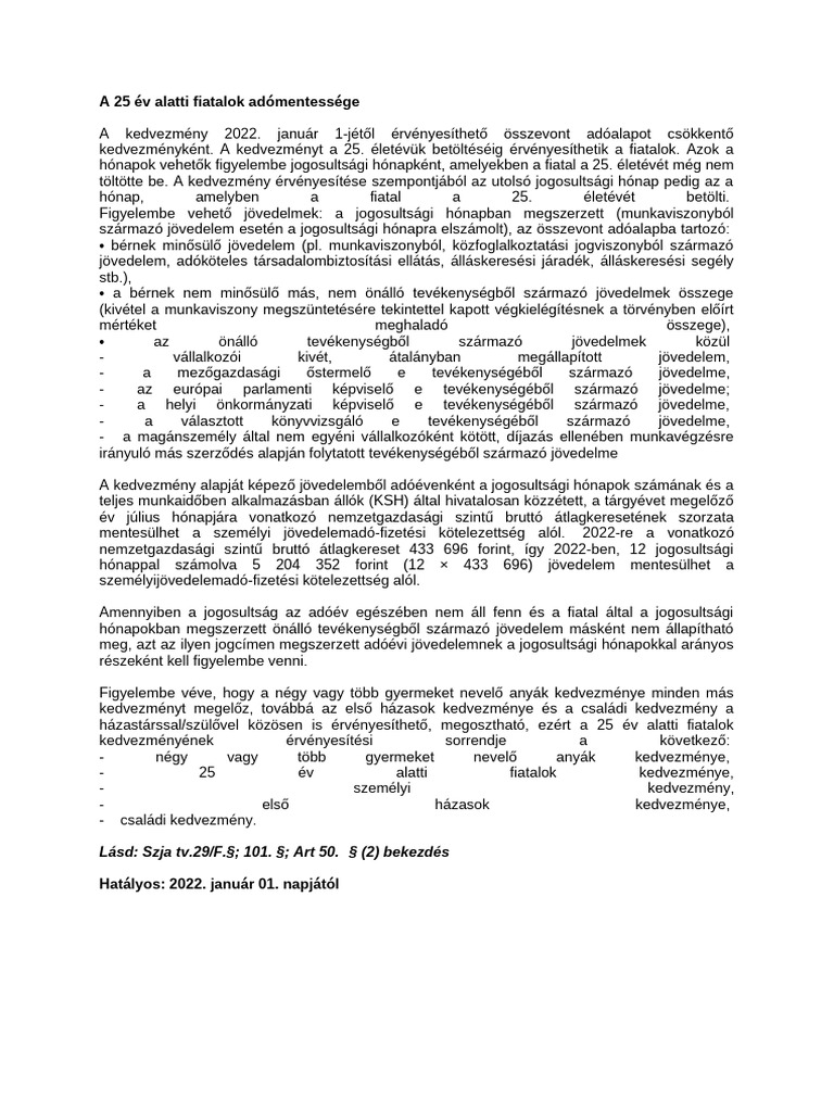 25 Év Alatti Fiatalok Adómentessége | PDF