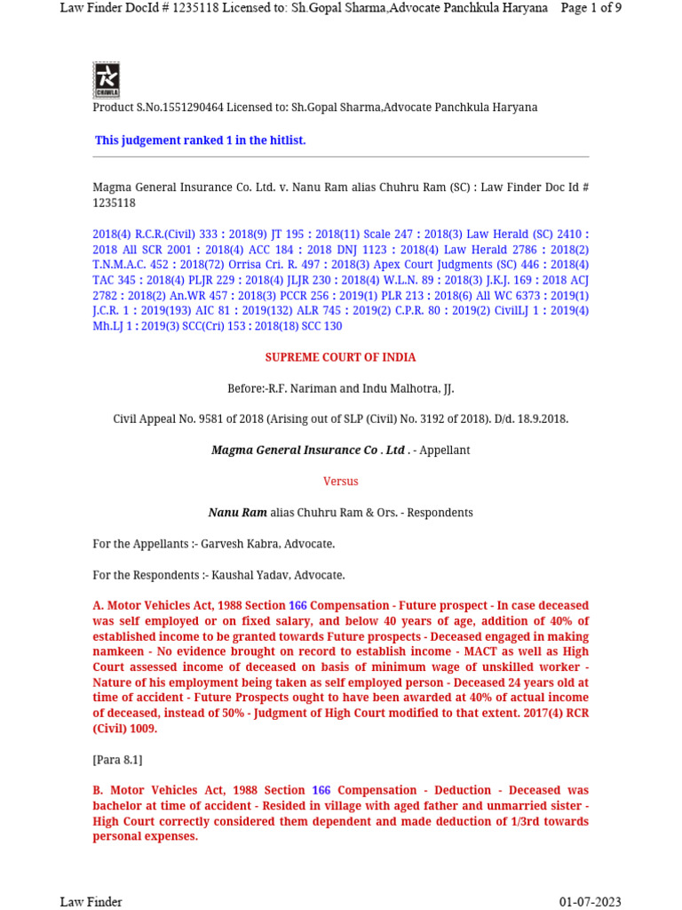 Magma General Insurance vs. Nanu Ram | PDF | Insurance | Employment