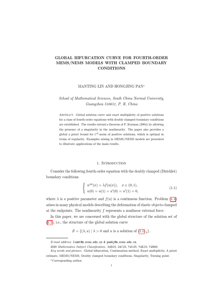 Global Bifurcation Curve For Fourth-Order MEMS-NEMS Models With Clamped Boundary Conditions ...