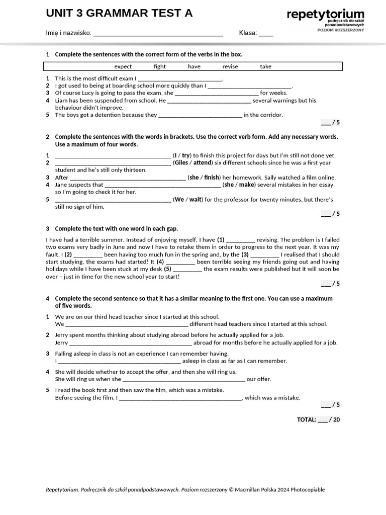 U03_Grammar_Test_A | PDF | Grammar | Linguistics