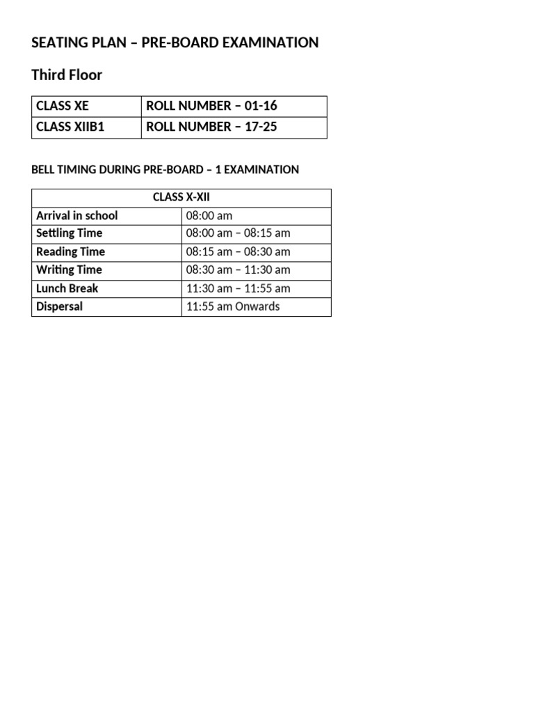 Seating Plan & Bell Timing Pre Board-I | PDF