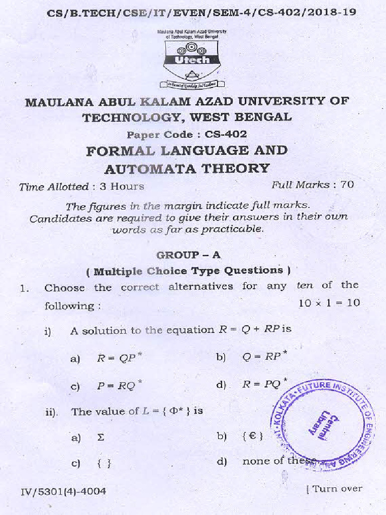Formal Language and Automata Theory - CS402 - 2019 | PDF