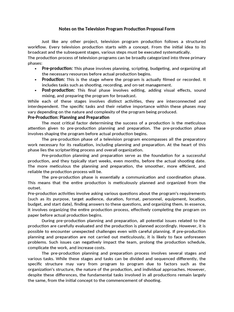 Notes On The Television Program Production Proposal Form | PDF | Target ...
