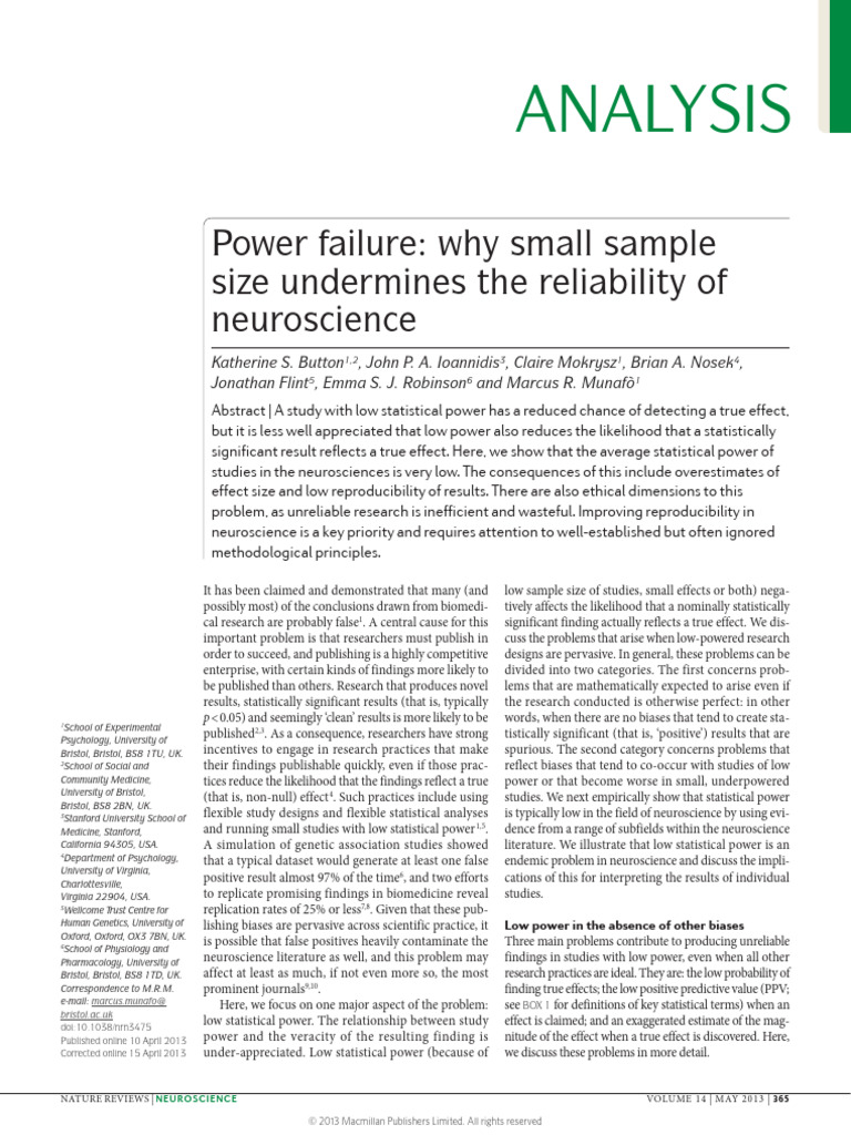 Power Failure - Why Small Sample Size Undermines | PDF | Effect Size ...
