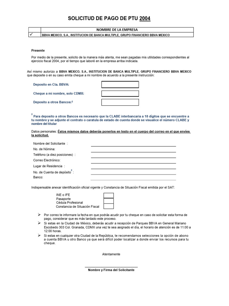 Solicitud de Pago de PTU 2004 BBVA | PDF | Cheque | Bancos