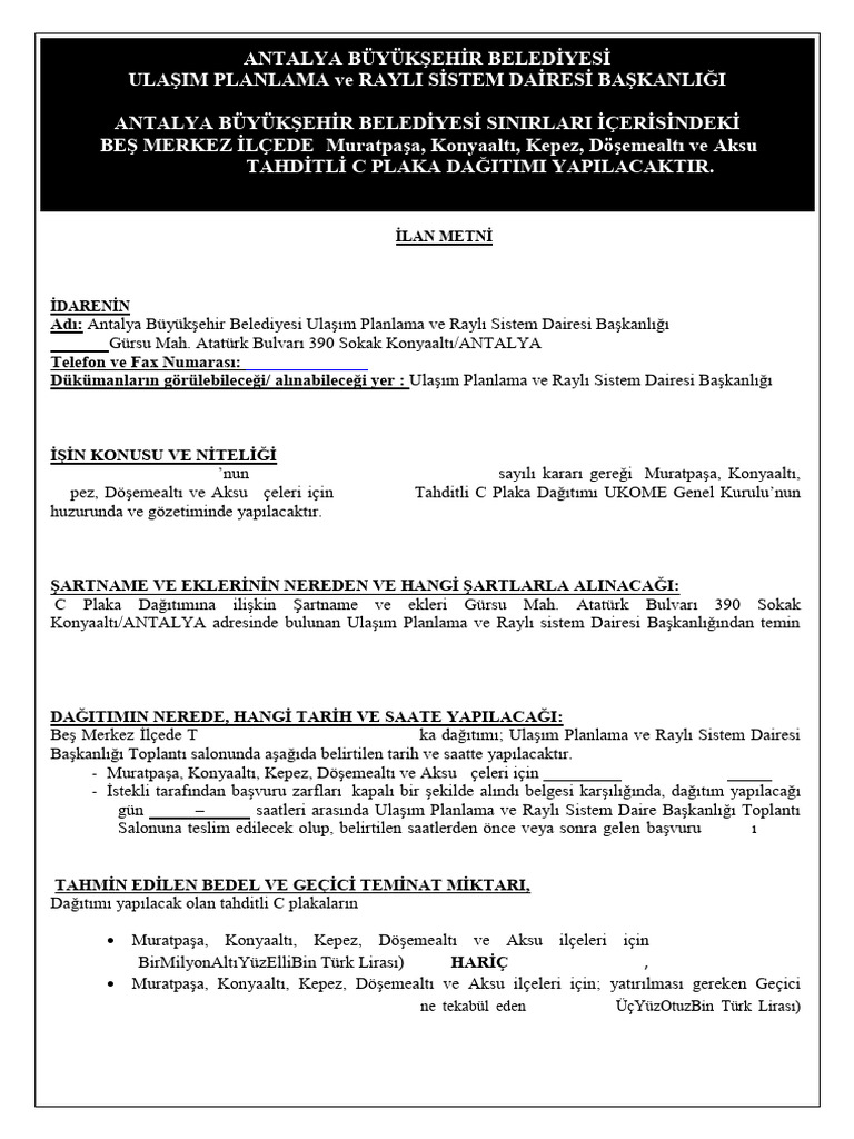 İlan Metni MERKEZ 1000 Adet Plaka Dağıtımı | PDF