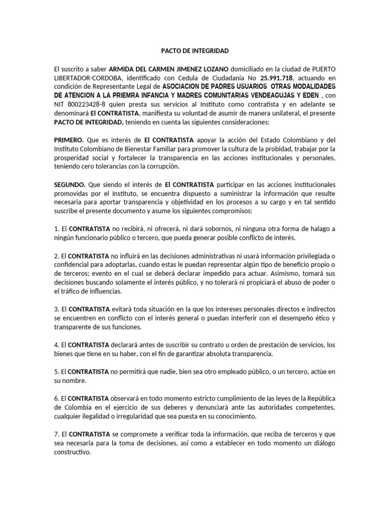Formato Pacto de Integridad | PDF | Interés público | Corrupción política