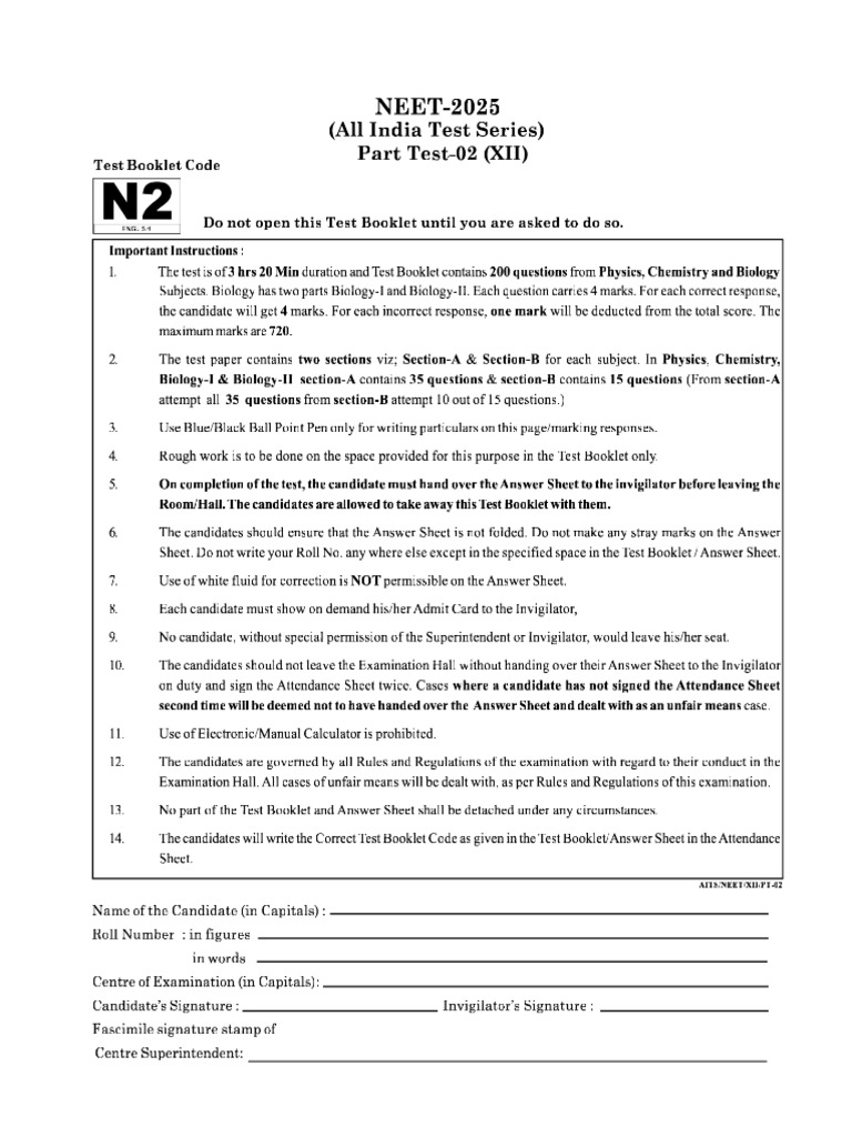 12th NEET AITS Part Test-2 Eng Print | PDF