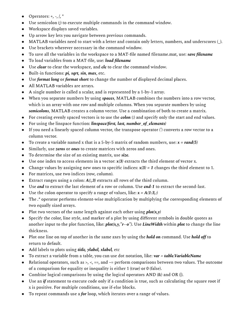 MATLAB Notes | PDF | Matrix (Mathematics) | Matlab MATLAB Notes | PDF | Matrix (Mathematics) | Matlab