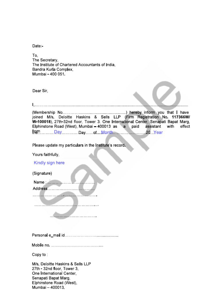 Sample ICAI (CA Joiners) Form | PDF