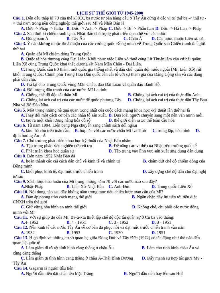 Cau hoi trac nghiem Lich su 12 moi theo tap huan cua bo 2017 | PDF