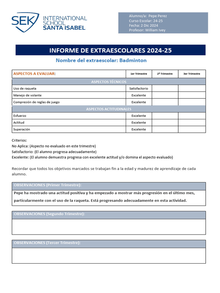 Modelo informe extraescolares 24-25 ejemplo | PDF