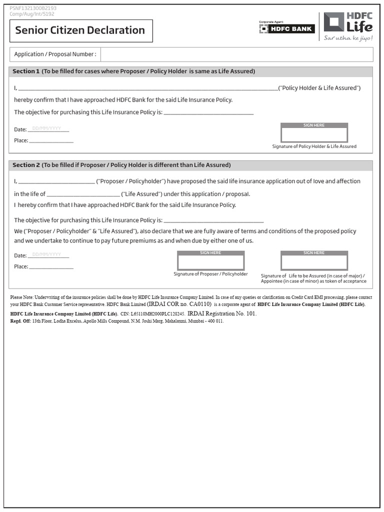 HDFC Life Insurance Senior Citizen Declaration | PDF | Insurance | Life ...