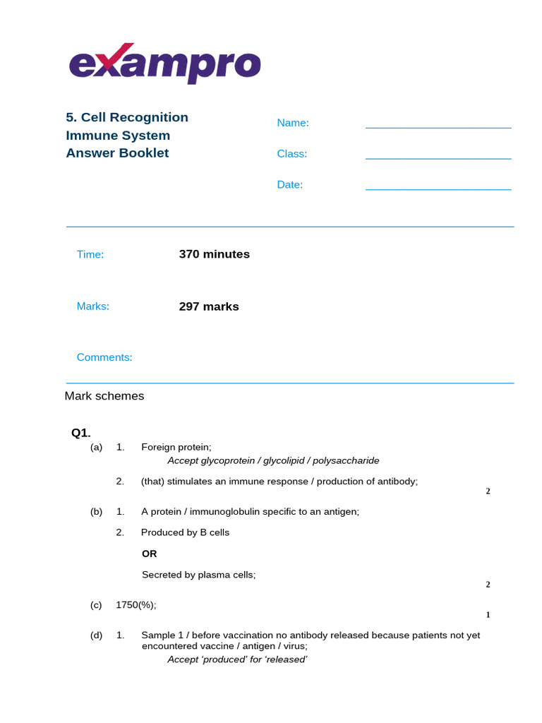 Immune System Exam Answer Key | PDF | Antibody | Dna
