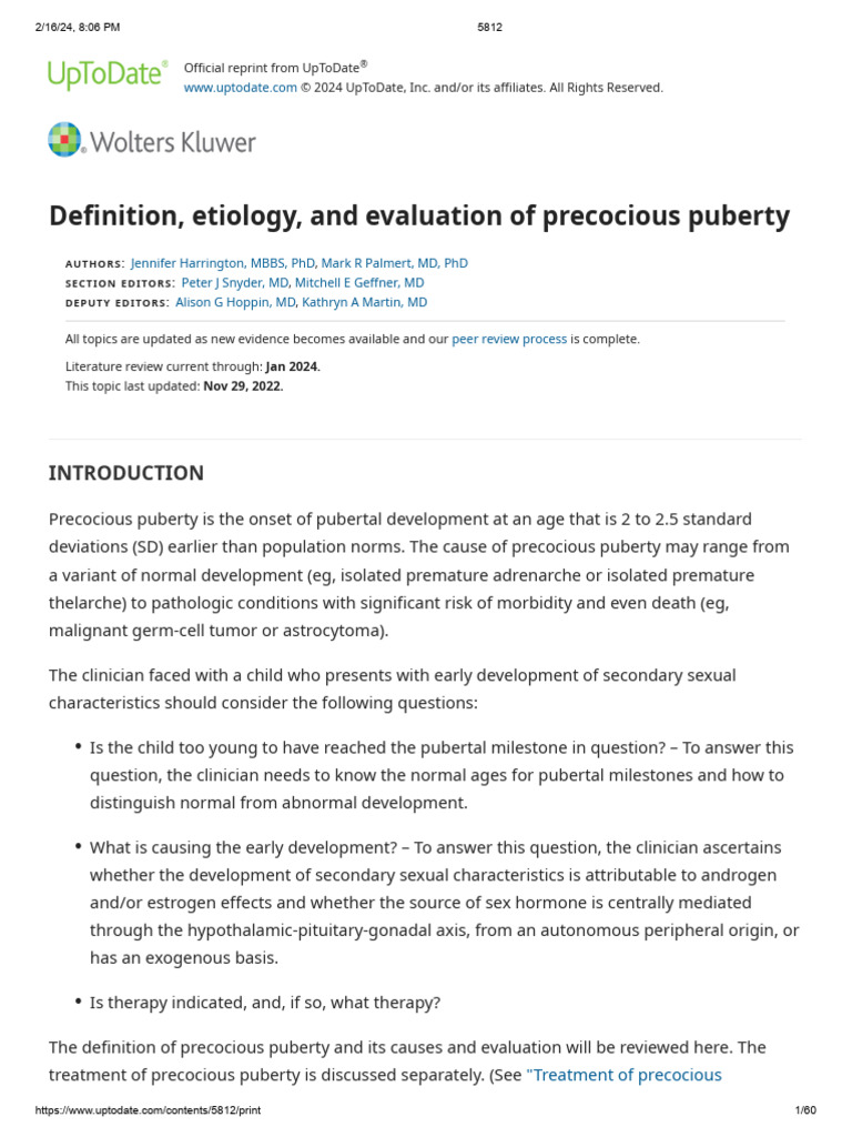 Definition, Etiology, and Evaluation of Precocious Puberty | PDF ...