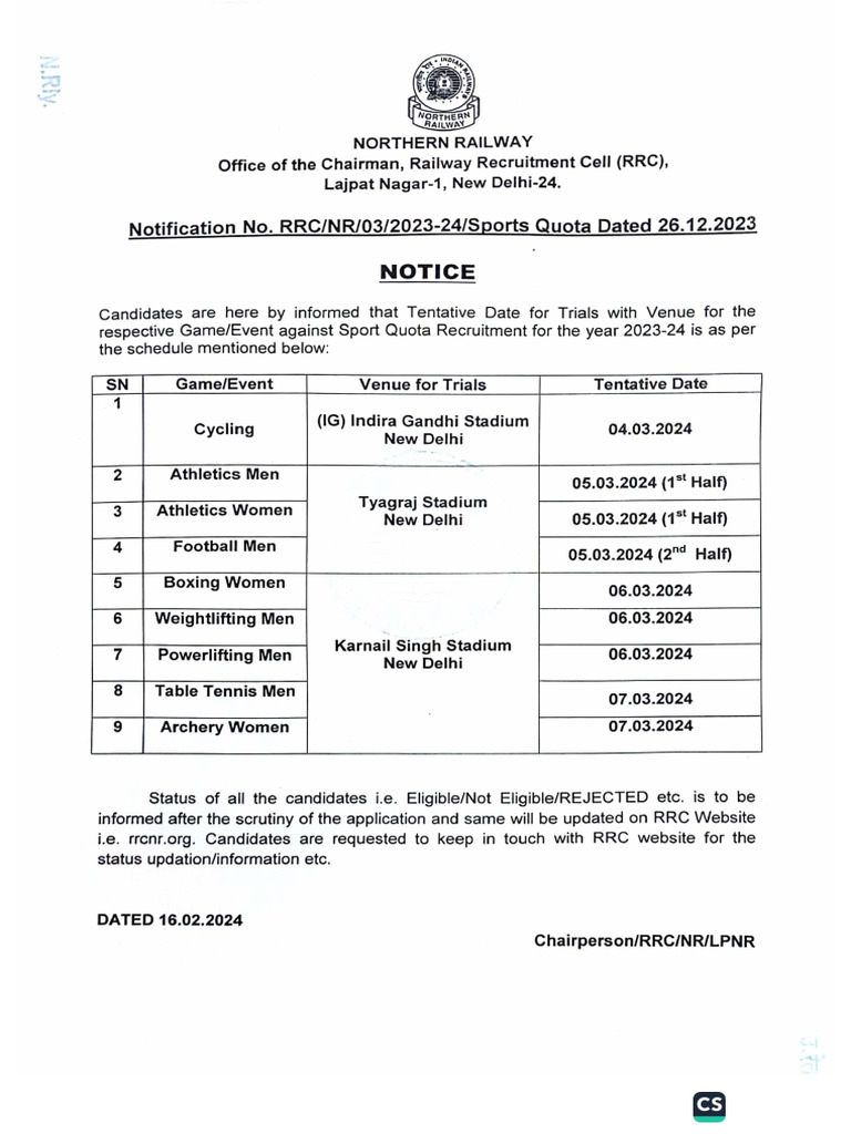 Sports Trials Dates Notice 2024 | PDF