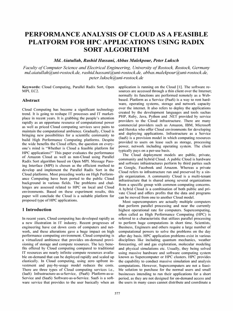 Performance Analysis Of Cloud As A Feasible Platform For Hpc Applications Using Radix Sort