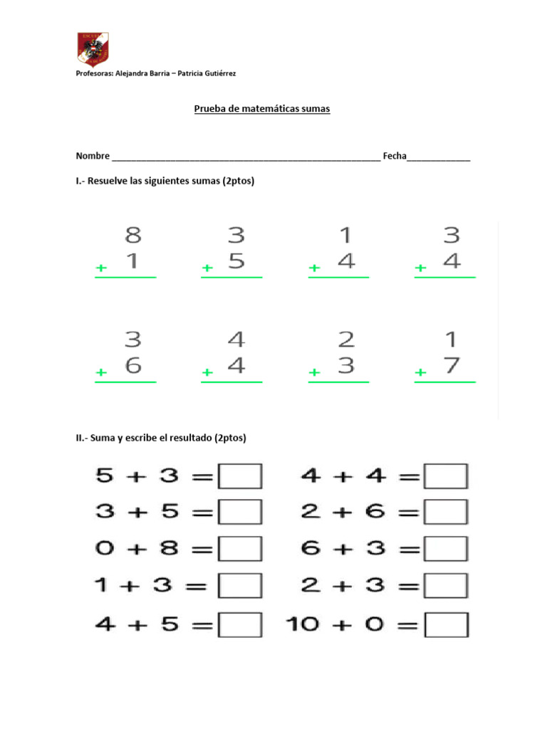 Prueba de Matemáticas Sumas | PDF