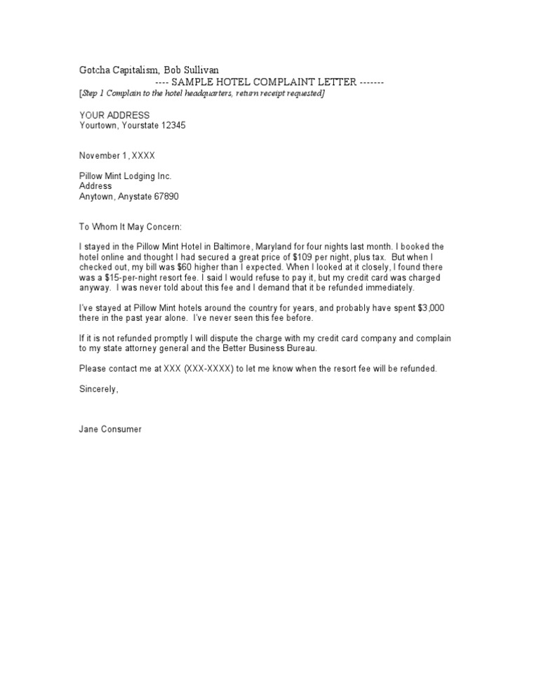 Sample Hotel Complaint Letter | PDF