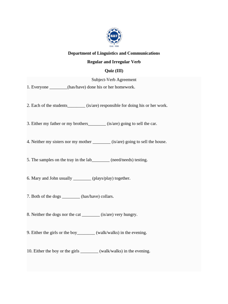 Subject-Verb Agreement Exercise | PDF | Linguistics