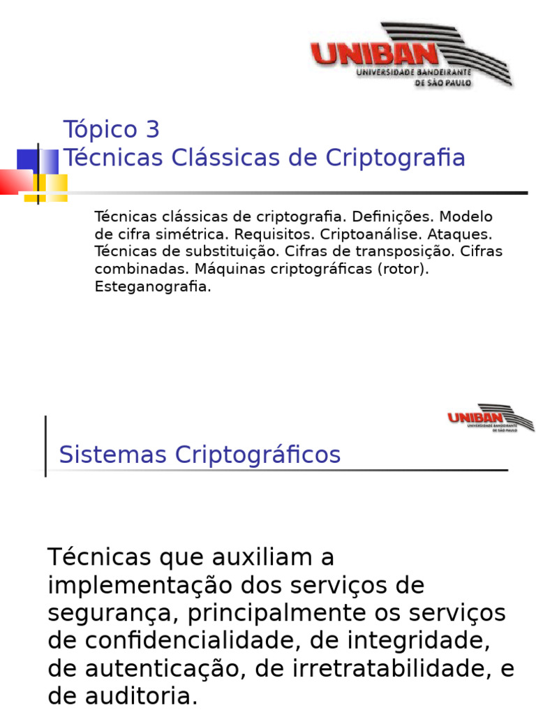 Topico_03_Tecnicas_Classicas_de_Criptografia | PDF | Criptografia | Criptoanálise
