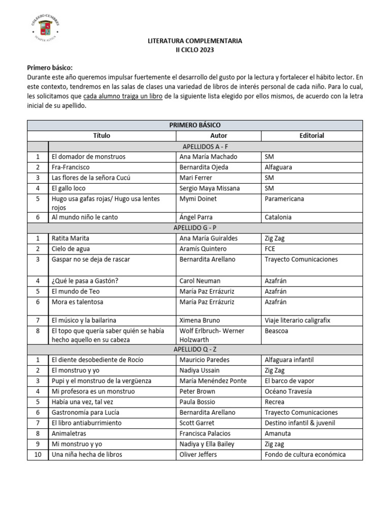 Lecturas Complementarias 1 6 Basico 2023 p | PDF | Literatura infantil