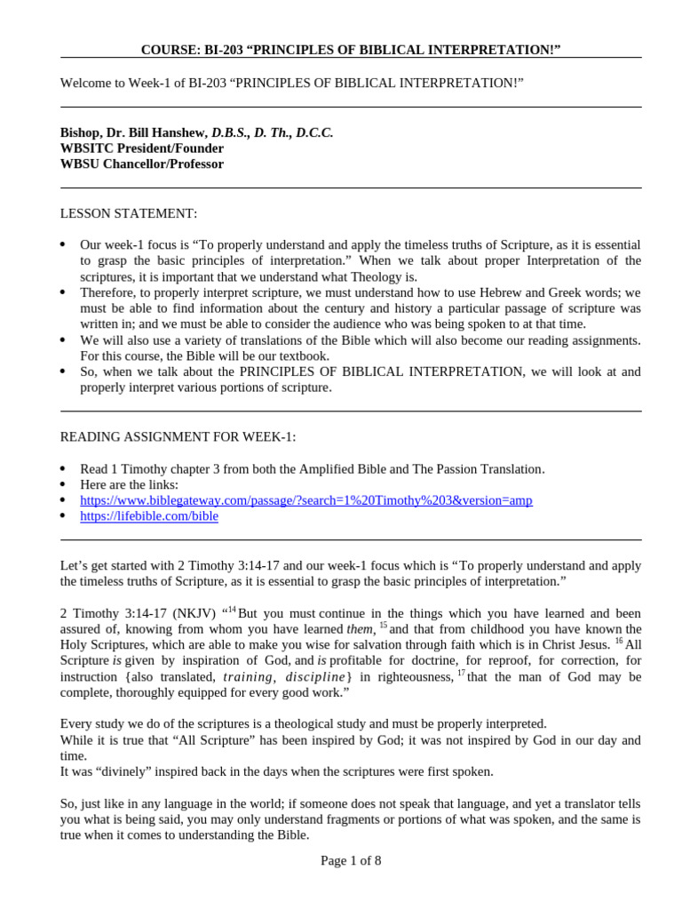 BI-203 PRINCIPLES OF BIBLICAL INTERPRETATION Student Lesson (Week-1 ...